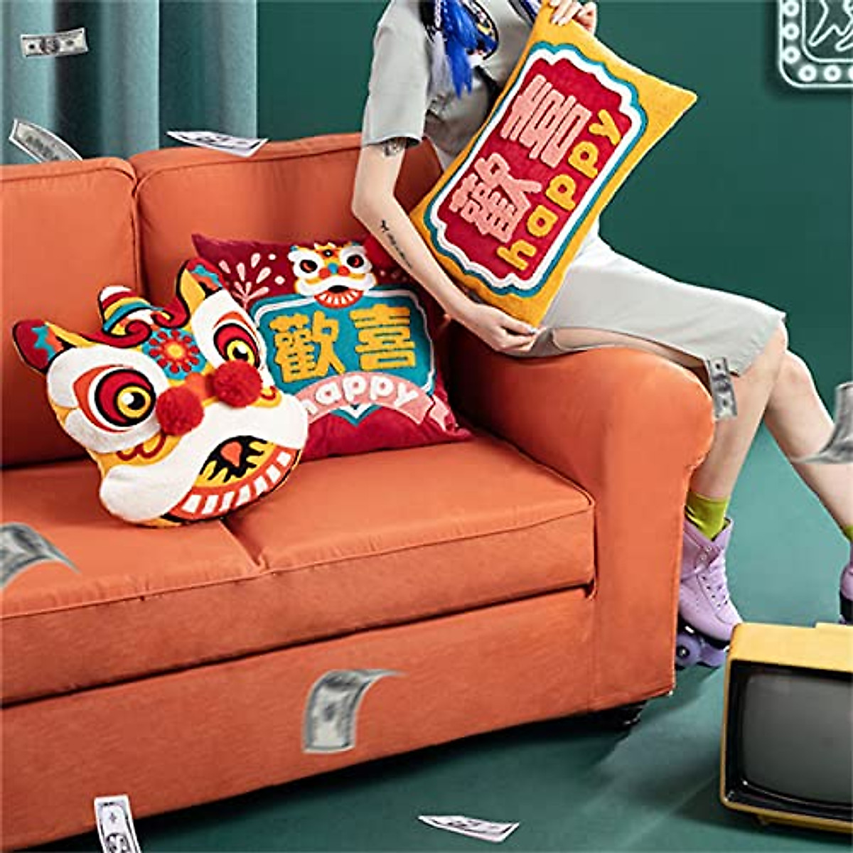 3D Dancing Lion Cushion Chinese Traditional Lucky Lion Embroidery Cushion