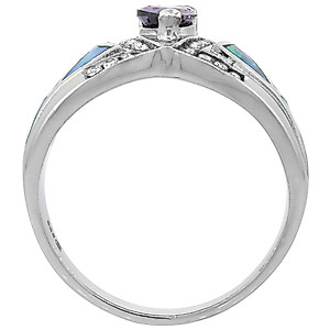 Sterling Silver Blue Synthetic Opal Teardrop Ring for Women White & Amethyst CZ 1/2 inch size 7