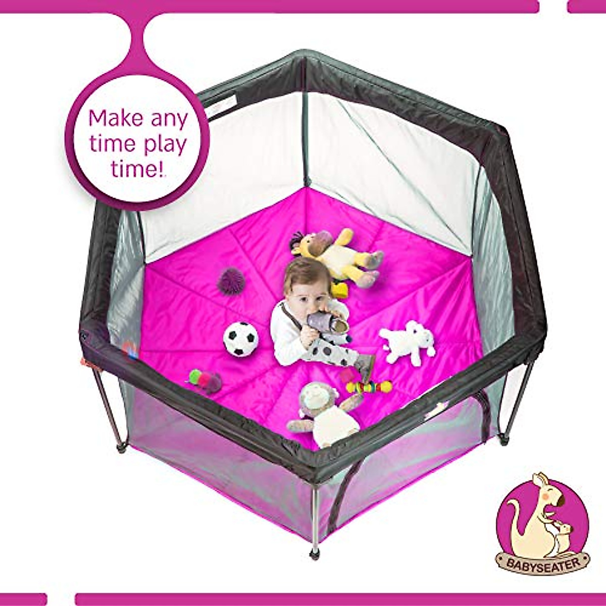 BABYSEATER Portable Playard Play Pen with Carrying Case for Infants and Babies, Pink