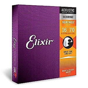 Elixir Strings, Acoustic Guitar Strings, 80/20 Bronze with NANOWEB Coating, Longest-Lasting Bright and Focused Tone with Comfortable Feel, 8-String Baritone 16-70
