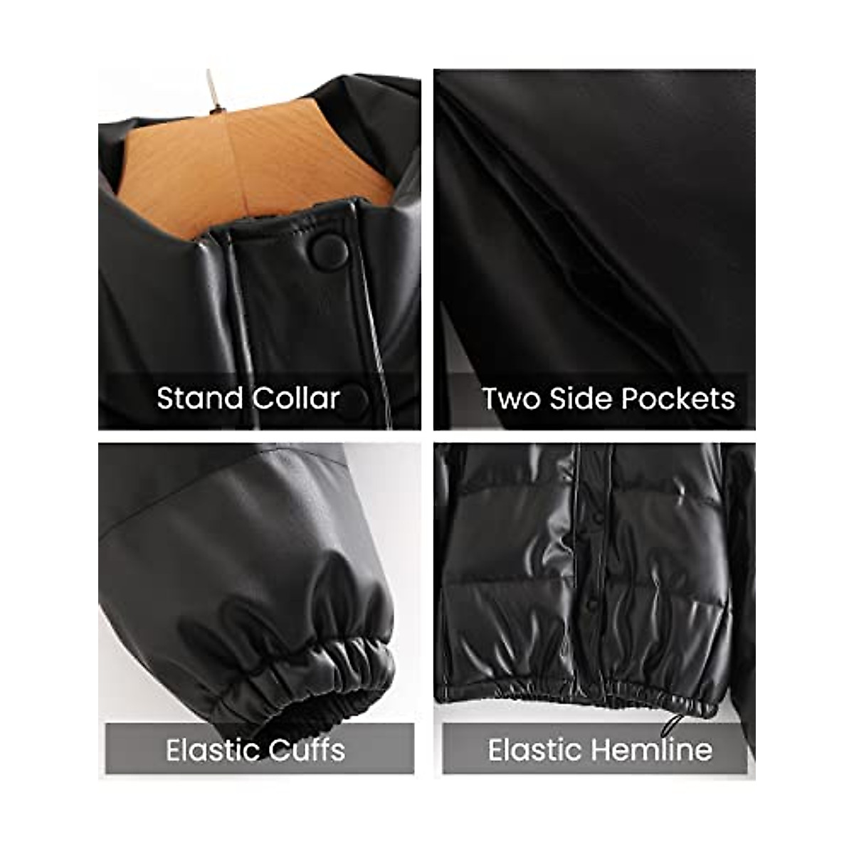 Tanming Womens Faux Leather Puffer Jacket Winter Long Sleeve Black Short Bubble Coat (Black-S)
