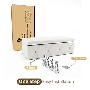 LUE BONA Storage Ottoman Bench, 38'' Upholstered White Faux Leather Ottoman with Crystal Tufted Button, Flip Top Foot Rest, End of Bed Bench Seat for Bedroom, Living Room, Vanity, 350LBS