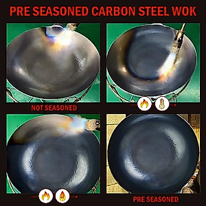 mMlpes Flat Bottom Wok Pan - 13.5" Pre-Seasoned Carbon Steel Wok No Chemical Coating Traditional Hand Hammered Woks & Stir-Fry Pans for Electric Induction Gas Cooktops Nonstick | Blue