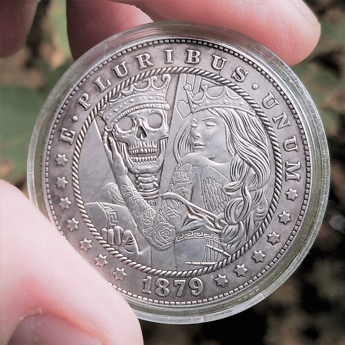 1879 Tattoo Princess with Her Skeleton King Art Coin Replica Morgan Silver Dollar Carson City Mint Mark 1.5" (38mm) Collectible with Protective Capsule and Display Stand – Comes with Display Stand