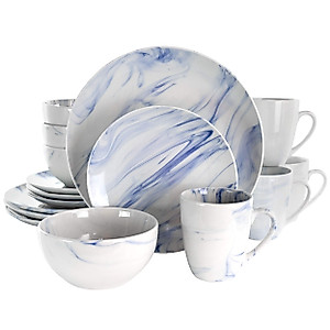 Elama Fine Round Gloss Dinnerware Dish Set, 16 Piece, Blue and White Marble