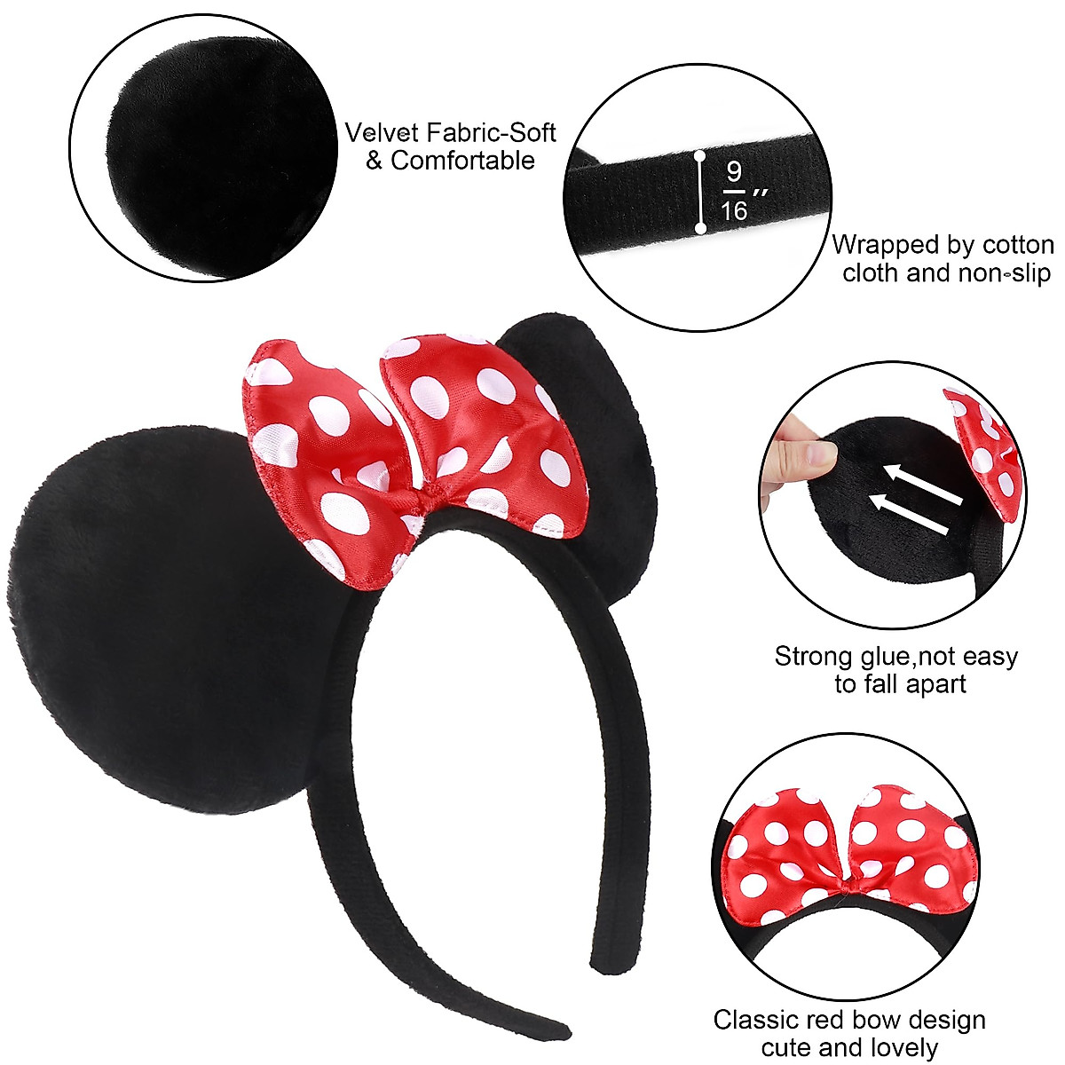 Lucky Will 20 Pack Mouse Ears Headband Classic Solid Black and Red Bow Ears Headbands Bulk for Kids and Adults - Boys & Girls Mouse Themed Birthday Party Supplies