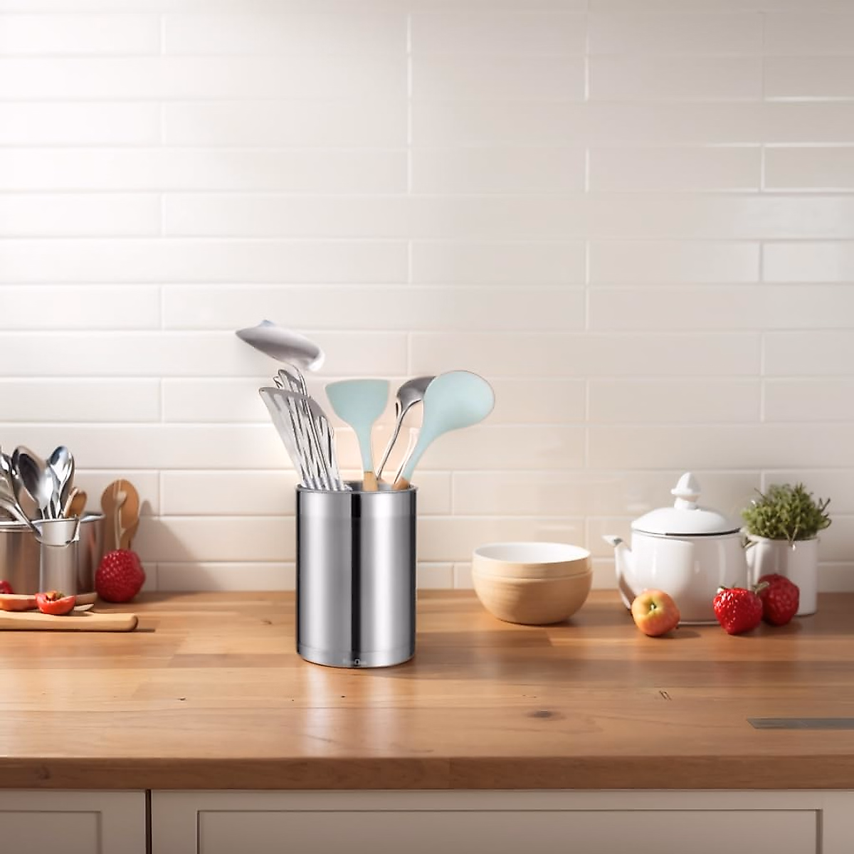 KSENDALO Steel Holder Utensil Crock 6.5inch Tall,Utility Sturdy Heavy Large Utensils Holder Stainless Silverware Holder for Kitchen Home and Office