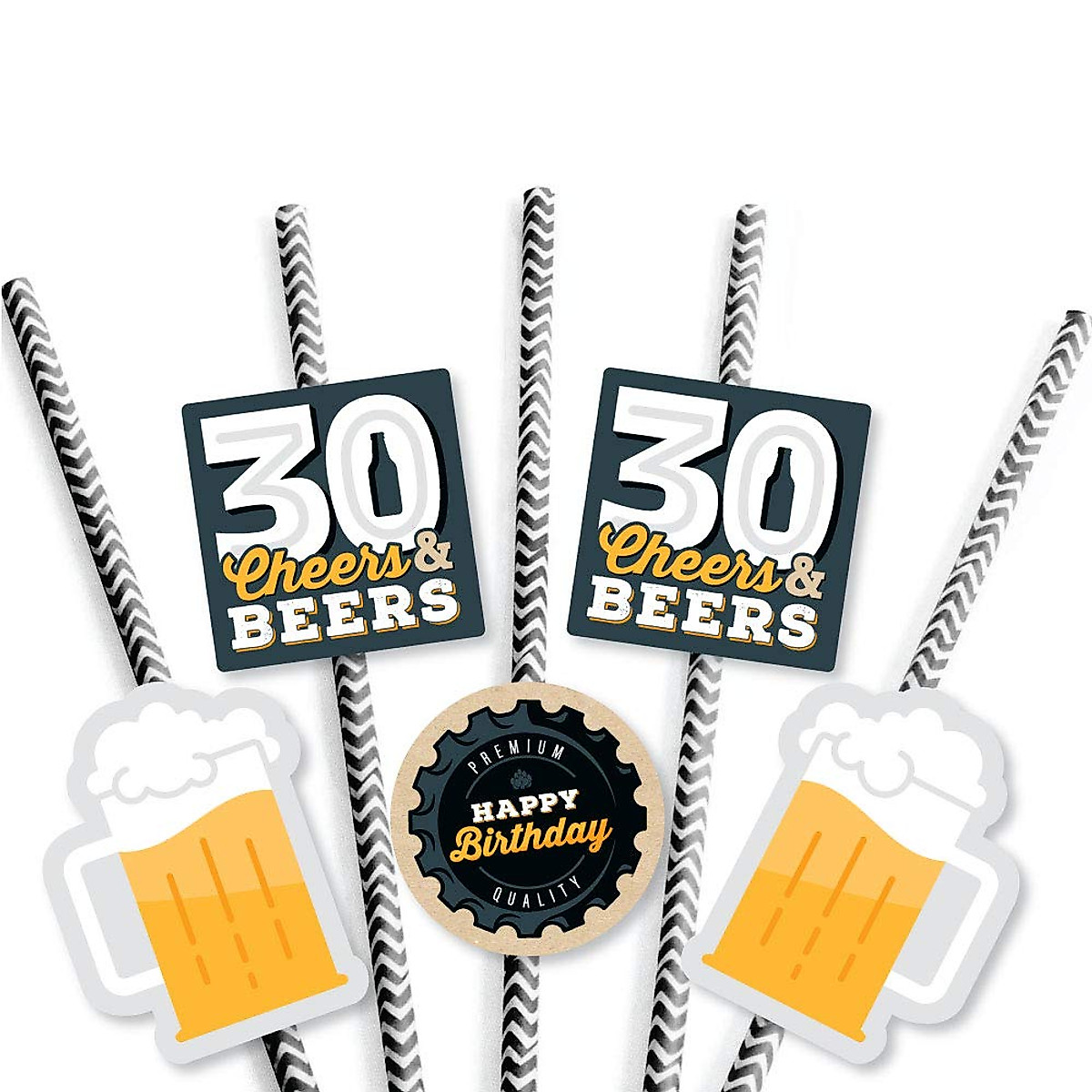 Big Dot of Happiness Cheers and Beers to 30 Years - Paper Straw Decor - 30th Birthday Party Striped Decorative Straws - Set of 24