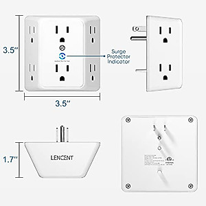 LENCENT Multi Plug 6 Outlet Extender, 2 Pack Surge Protector Wall tap, Power Strip 3-Side Widely Spaced Adapter Multiple Charger Expander, Mountable Wall Splitter for Home Travel Office, ETL Listed