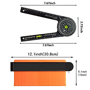 7 inch Aluminum Protractor Angle Finder & Contour Gauge(10 inch Lock), Miter Saw Protractor with Bubble Level, Irregular Shape Duplication Gage Tool for Carpentry, DIY Handyman, Home improvement