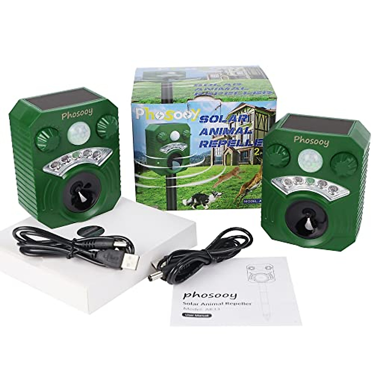 Phosooy Ultrasonic Animal Repeller, 2 Packs Waterproof Solar Animal Deterrent Device Motion Activated to Repel Cats, Dogs, Squirrel, Rats, Skunks, Raccoons & Deer