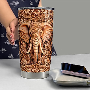 SANDJEST Personalized Elephant Wood Drawing Tumbler 20oz 30oz Insulated Tumblers with Lid Coffee Travel Mug Cup for Men Women Gift for Birthday