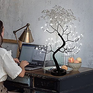 FUCHSUN Tabletop Tree Light Led Desk Lamp Artificial Tree for Home Office Decorative Branches for Party Halloween Holiday Battery USB Operated Bonsai with Timer (White Glow)