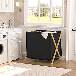 2-Section Extra Large Laundry Hamper with Lid, 125L (33 Gal) Divided Dirty Clothes Laundry Basket with Bamboo Frame, Double Hampers Organizer for Laundry Room, Bathroom, Bedroom, Black