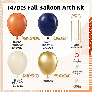 147pcs Fall Balloon Arch Kit Thanksgiving Balloon Arch with Navy Blue Burnt Orange Balloons for Thanksgiving Baby Shower Wedding Fall Graduation Birthday Party Decorations