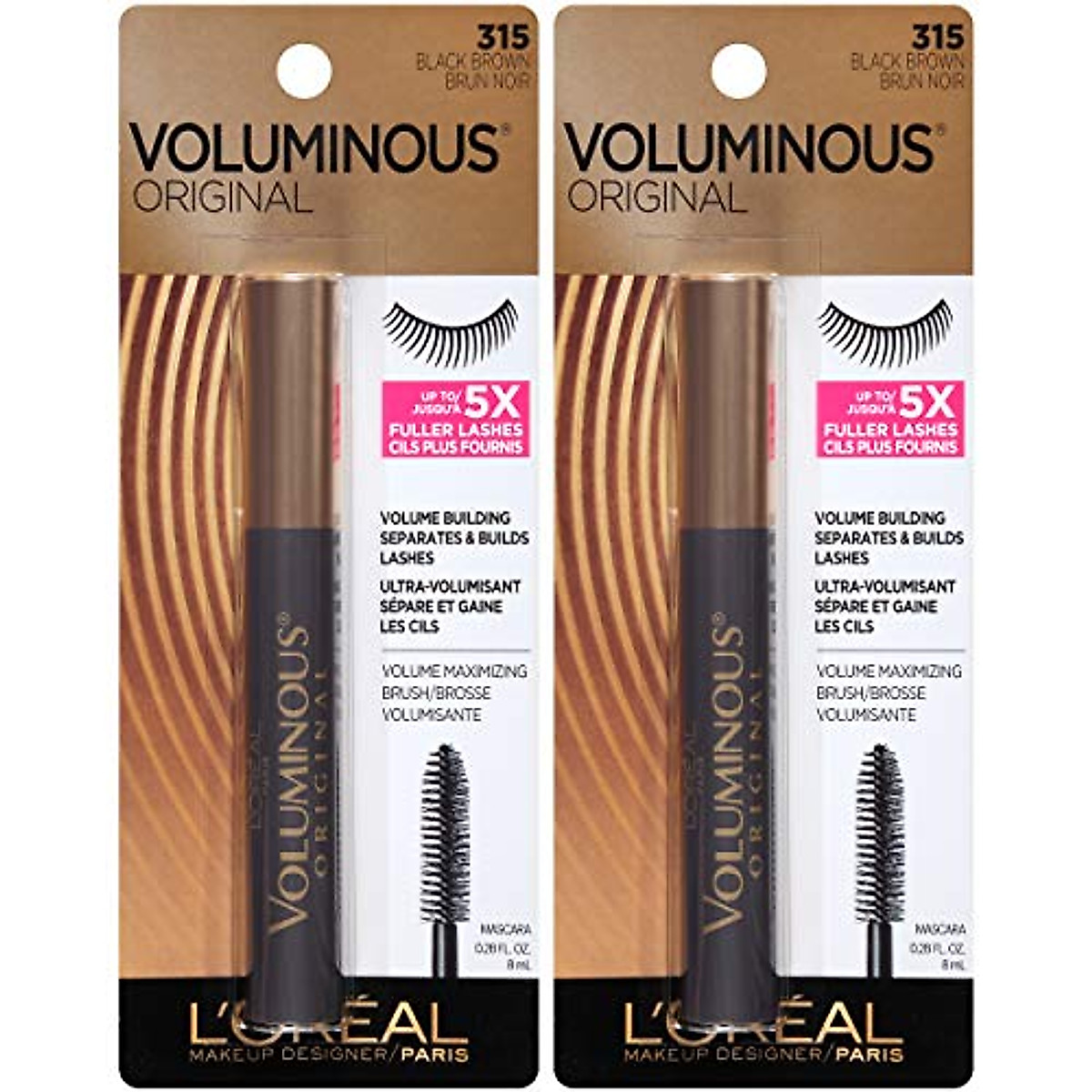 L’Oreal Paris Makeup Voluminous Original Volume Building Mascara, Black Brown, 2 Count