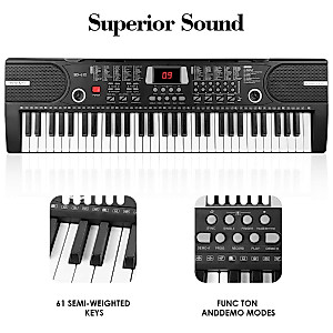 Heren 61 Keys Keyboard Piano, Electronic Digital Piano with Built-In Speaker Microphone, Sheet Stand and Power Supply, Portable Keyboard Gift Teaching for Beginners (Black)
