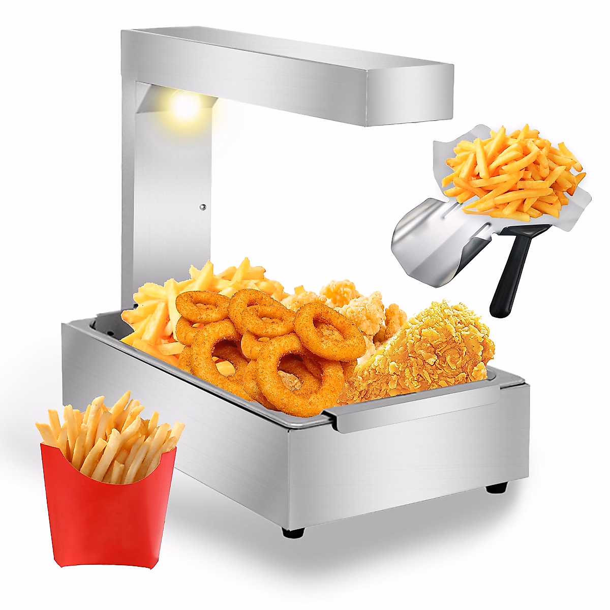 Auveach 15L French Fry Food Warmer, Commercial Food Warmer with Heat Lamp, Stainless Steel Warming Cabinet Station, Fastfood Restaurant Snack Bar Buffet Supplies for Chips Fried Chicken Roast Meat