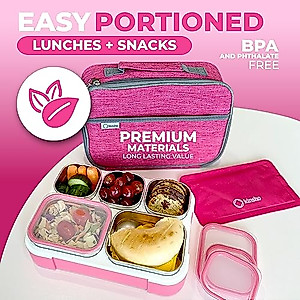 Stainless Steel Kids Bento Lunch-Box with Lunch Bag Ice Pack for Toddler Kids Adult, Leak-Proof School Lunch Container Boxes, Food Snack Containers for Child Daycare Picnic, 5 Compartment 34 oz Pink