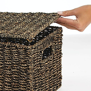 mDesign Natural Woven Seagrass Closet Storage Organizer Basket Bin with Removeable Lids to use in Closet, Bedroom, Bathroom, Entryway, Office - Set of 3 - Black Wash Finish