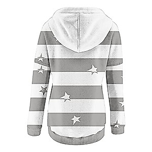 Women Casual Pullover Hoodies Sweatshirt Plus Size Button Down Drawstring Loose Long Sleeve Striped Top with Pockets Gray