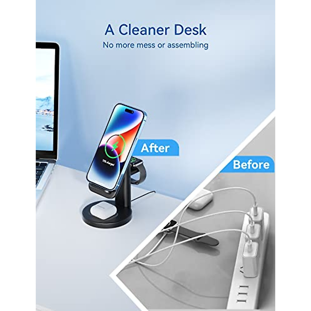 ELEGRP Wireless Charging Station, 3 in 1 Wireless Charger, Charging Dock for iPhone 14/13/12/11/Pro/Max and SE/8 Samsung Phone, iWatch and Airpods/Samsung Headphone (with 18w Adapter) Black