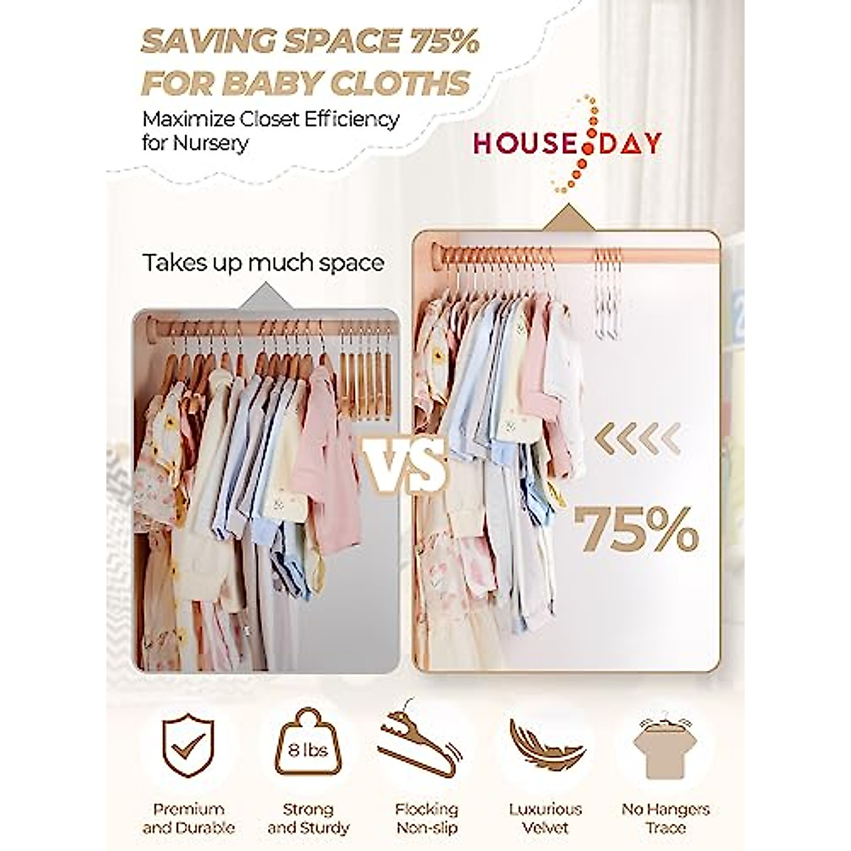 HOUSE DAY Premium Baby Hangers Velvet 60 Pack, Dino 11.4'' Baby Clothes Hangers for Kids +6 Pcs Dividers, Sturdy Children Felt Non Slip Hanger for Nursery on Baby Boys & Girls Closet Organizer - White