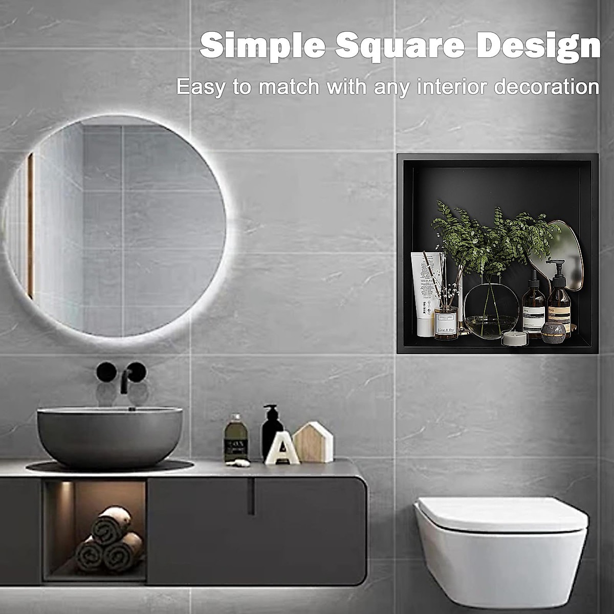 NearMoon Stainless Steel Shower Niche, NO Tile Needed Niche Recessed, Wall Niche for Bathroom Storage, Wall Hole Installation Shower Shelf 12.5×12.5 inches (Matte Black)