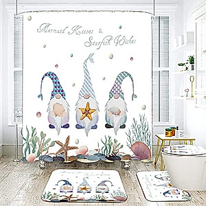 Godeufe 4Pcs Mermaid Gnome Shower Curtain Sets for Bathroom, Waterproof Bath Curtain Set with Non-Slip Rug, Toilet Lid Cover, Bath Mat and 12 Hooks, 70.8x70.8 Inches (White)