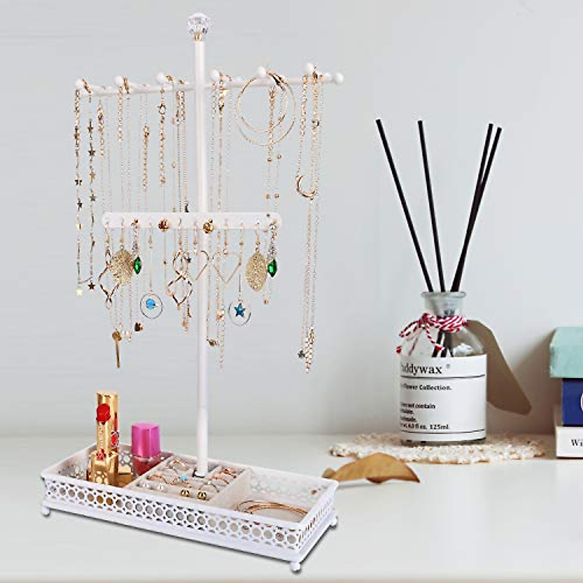 Meangood Jewelry Tree Stand Organizer 3in1 Necklace Organizer Display Bracelet Earrings and Ring Tray Jewelry Holder Hanger Metal（White）