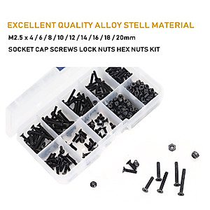binifiMux 340pcs M2.5 Black Countersunk Flat Socket Cap Screws Hex Nuts Nylon Lock Nuts Assortment Kit 10.9 Grade Alloy Steel, M2.5 x 4mm/ 6mm/ 8mm/ 10mm/ 12mm/ 14mm/ 16mm/ 18mm/ 20mm