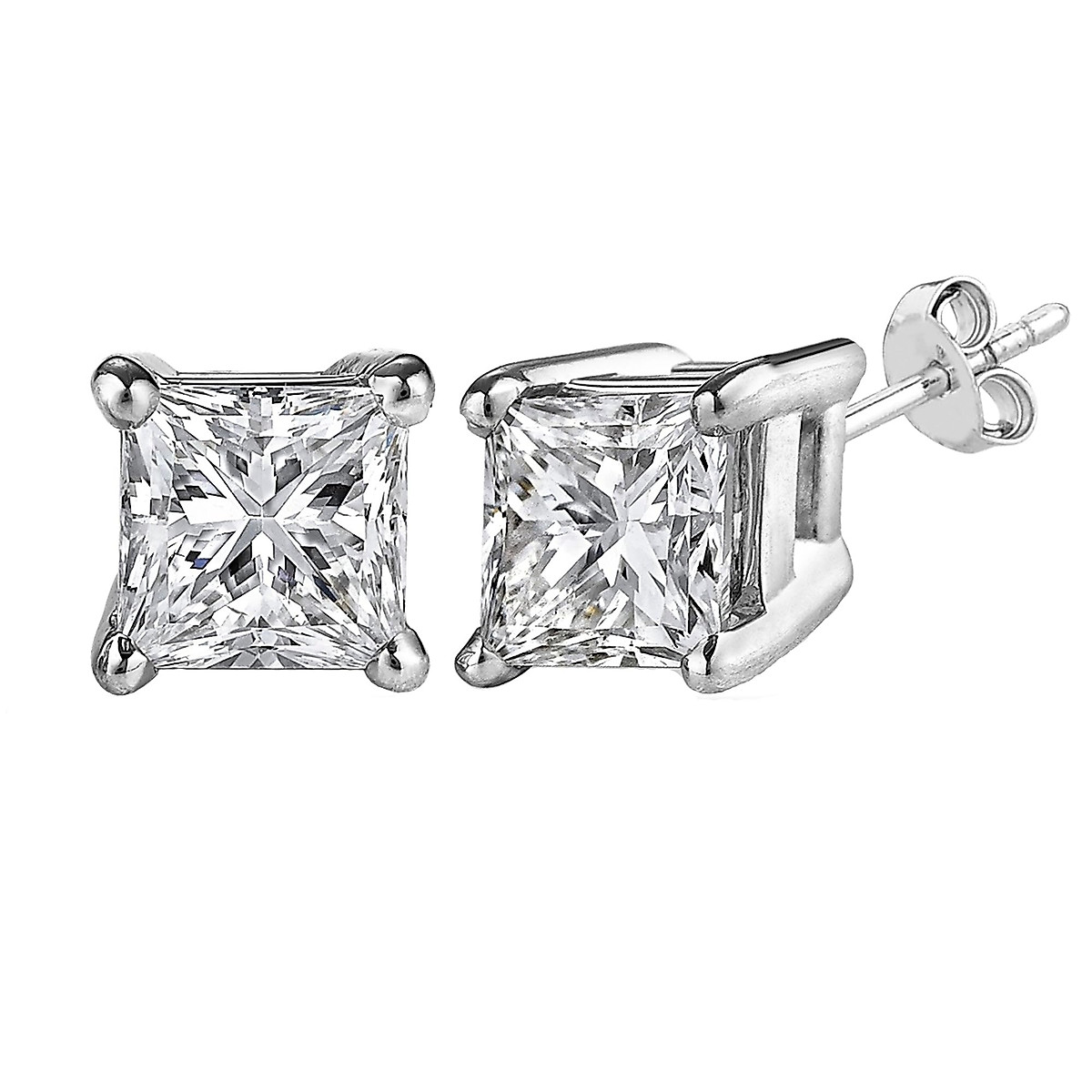 14k White Gold Princess Cut White Cubic Zirconia Stud Earrings, 5mm