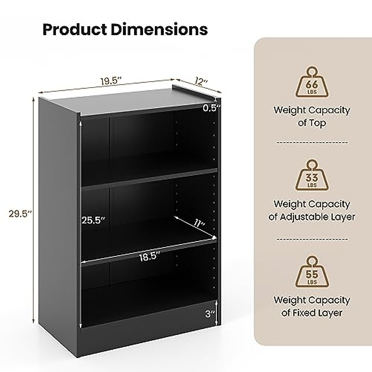 Giantex 3-Cube Bookcase Black - 3-Tier Modern White Open Bookshelf with Adjustable Shelves, Anti-Tipping Device, Small Wood Cube Storage Organizer for Kid’s Room, Living Room, Bedroom