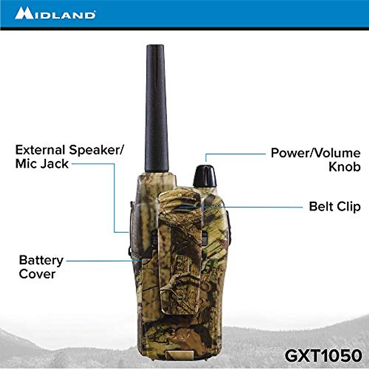 Midland GXT1050VP4 Long Range Walkie Talkie - 50 Channel GMRS Two Way Radio (Mossy Oak Camo, 4 Radios)