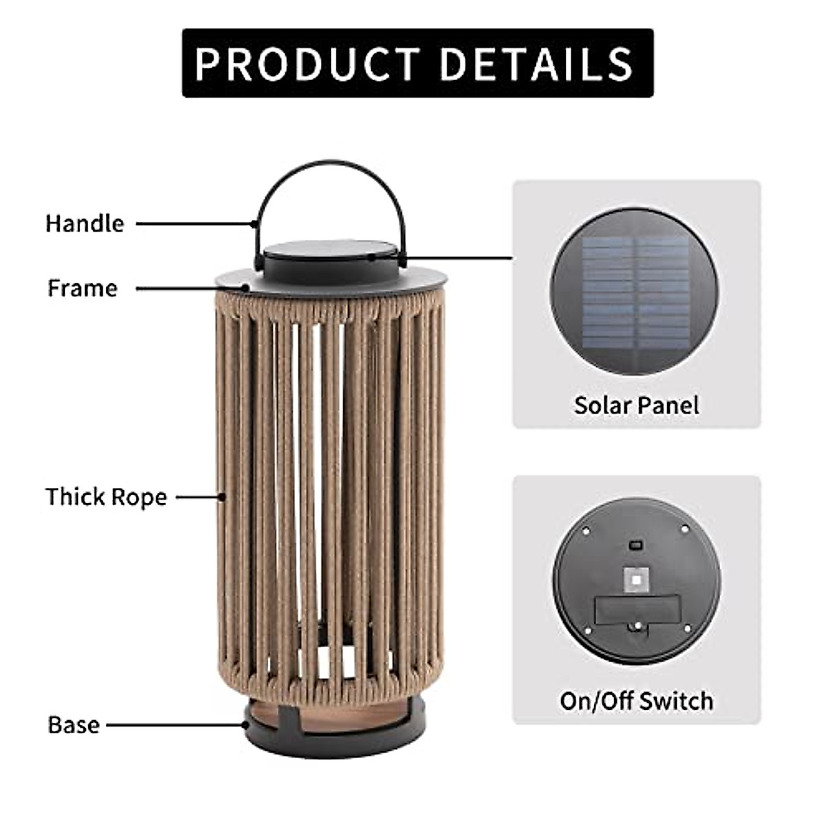 LebenLiebe Outdoor Solar Lights Patio Decorative Lanterns Aluminum Braided Rope Lantern with Handle for Yard, Lawn, Garden,Yellow,21 Inches