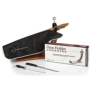 Ham Stand Spain with Knife and Sharpening Steel + Ham Cover + Kitchen Cloth + Tongs - Orginal Ham Holder for Spanish Hams and Italian Prosciutto