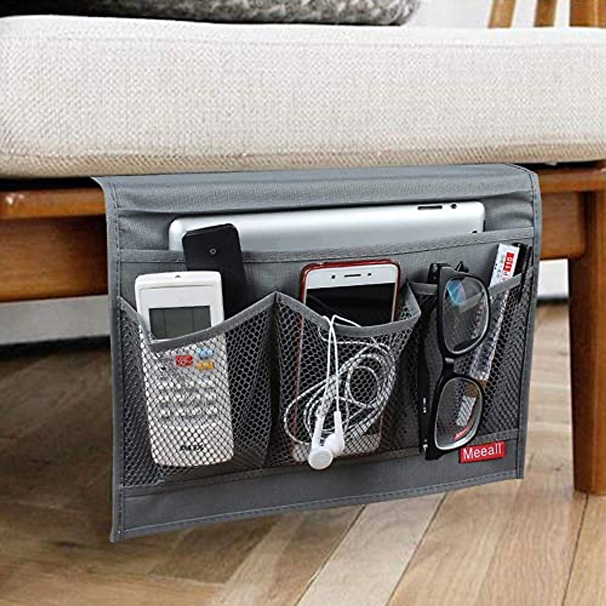 Meeall Bedside Storage Organizer with Pockets – Compact & Lightweight Organizer Caddy – Soothing Gray Color – Easy to Install – Oxford Material with Leather Backing – Versatile Storage