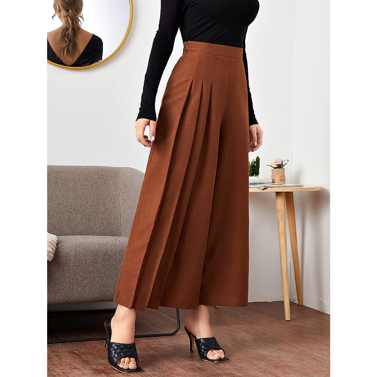 Floerns Women's Solid Color High Waist Fold Pleated Detail Wide Leg Palazzo Pants Brown M