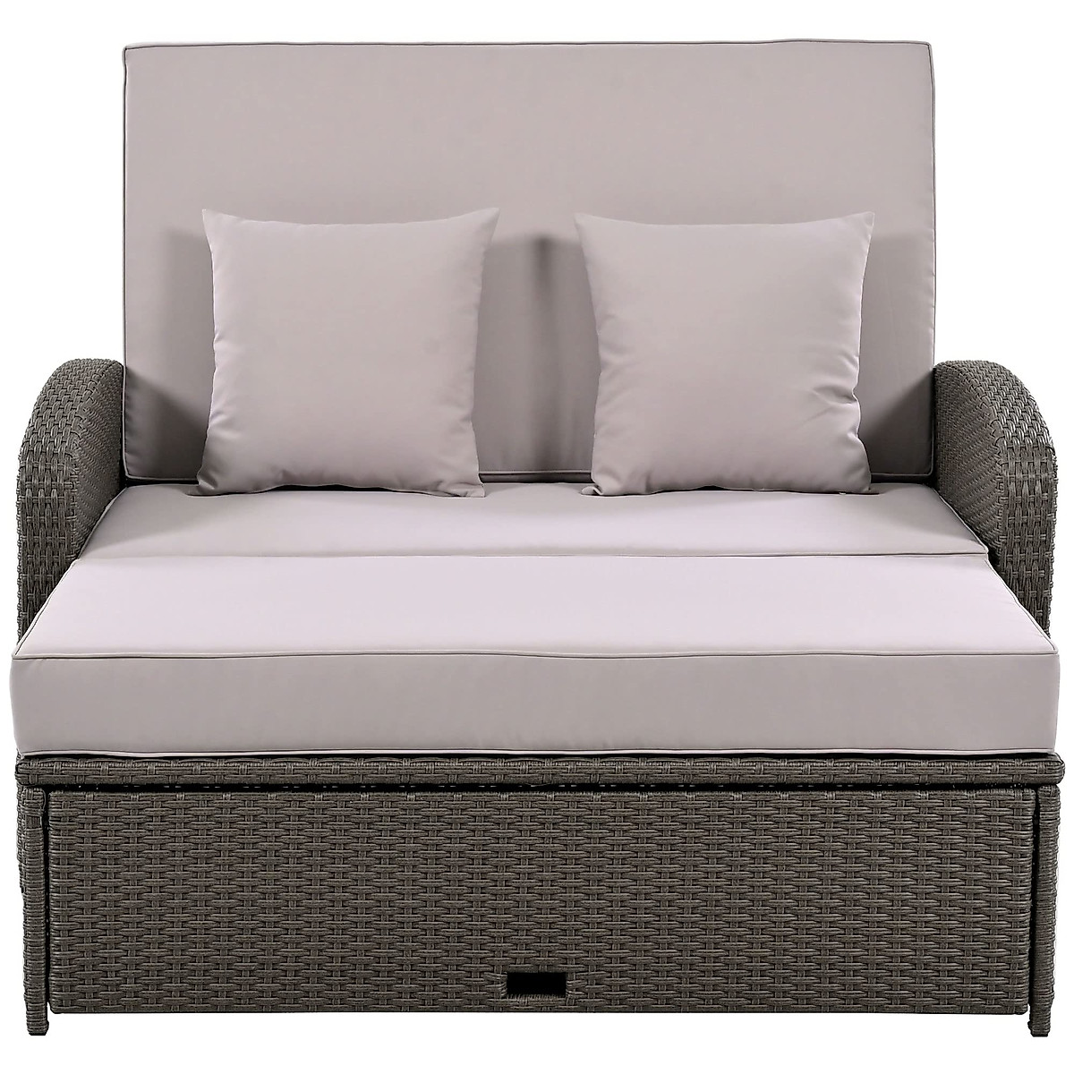 PE Wicker Rattan Double Chaise Lounge with Cushions & Pillows, 2-Person Reclining Sunbed with 3-Height Adjustable Back for Patio Balcony, Free Furniture Protection Cover (Gray + Rattan + Foam)