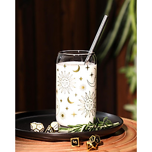 Nefelibata Sun and Moon Iced Coffee Cup Beer Can Glass for Hot/Cold Beverages Gothic Sun Moon Star Tumbler with Lid and Straw Celestial 16oz Coffee Mug Witchy Tarot Gift Boho Home Decor Birthday Gifts