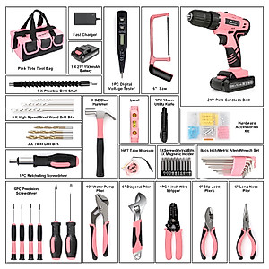 Jar-Owl 21V Pink Drill Set Tool Kit Set Power Drill for Women DIY with Storage Bag Tool Box,350 in-lb Torque, 0-1350RMP Variable Speed, 10MM 3/8'' Keyless Chuck, 1.5Ah Li-Ion Battery for Home Tool Kit
