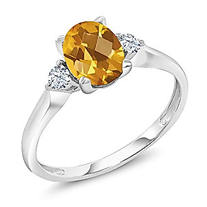 Gem Stone King 10K White Gold Citrine and White Created Sapphire 3-Stone Women's Ring (1.35 Cttw, Checkerboard Cut, Gemstone Birthstone, Available In Size 5, 6, 7, 8, 9)