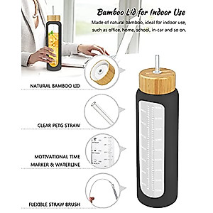 Nefeeko 32 oz Glass Water Bottles with Straw, Motivational Glass Water Bottle with Time Marker, 1 Liter BPA FREE Leakproof Reusable Glass Water Bottle with Silicone Sleeve, Bamboo Lid, Spout Lid