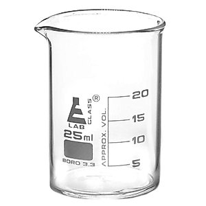 EISCO Beaker, 25ml - Griffin Style, Low Form with Spout - White, 5ml Graduations - Borosilicate 3.3 Glass