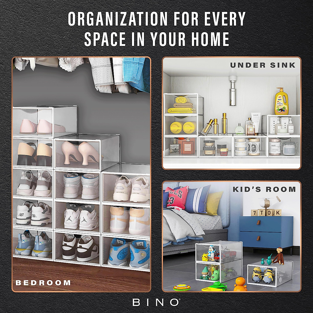 BINO 12-Pack Plastic Stackable Shoe Box Set - Clear | Foldable Shoe Storage Container | Sneaker Bins | Shoe Rack Box | Transparent | Portable Stacking Shoe Boxes Front Open