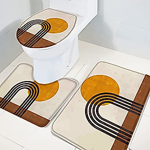 3 Piece Bath Rugs Sets Mid Century Abstract Modern Bathroom Mats Set Non Slip Water Absorbent U-Shaped Contour Toilet Mat Boho Minimalist Art Orange Sun Toilet Lid Cover