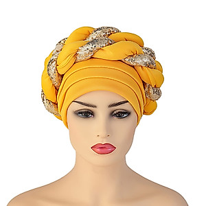 zhxinashu 2 Pcs African Hats for Black Women,Sequined African Head Wraps,Turbans for Women Fashion(White+Yellow)
