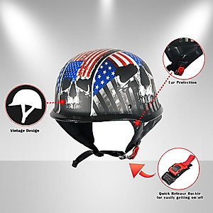 1Storm Novelty Motorcycle Half Face Helmet German Style DOT Approved: HKY602 Chain Skull + Black Tinted Goggle Bundle