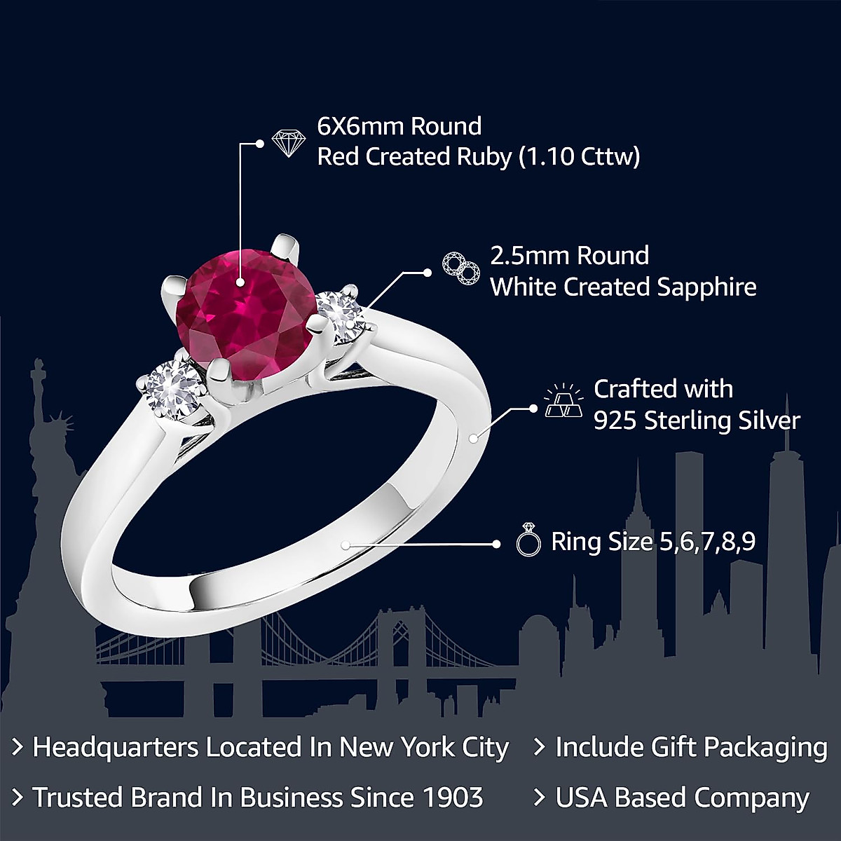 Gem Stone King 925 Sterling Silver Red Created Ruby and White Created Sapphire 3-Stone Engagement Ring For Women (1.10 Cttw, Round 6MM, Gemstone July Birthstone, Size 7)