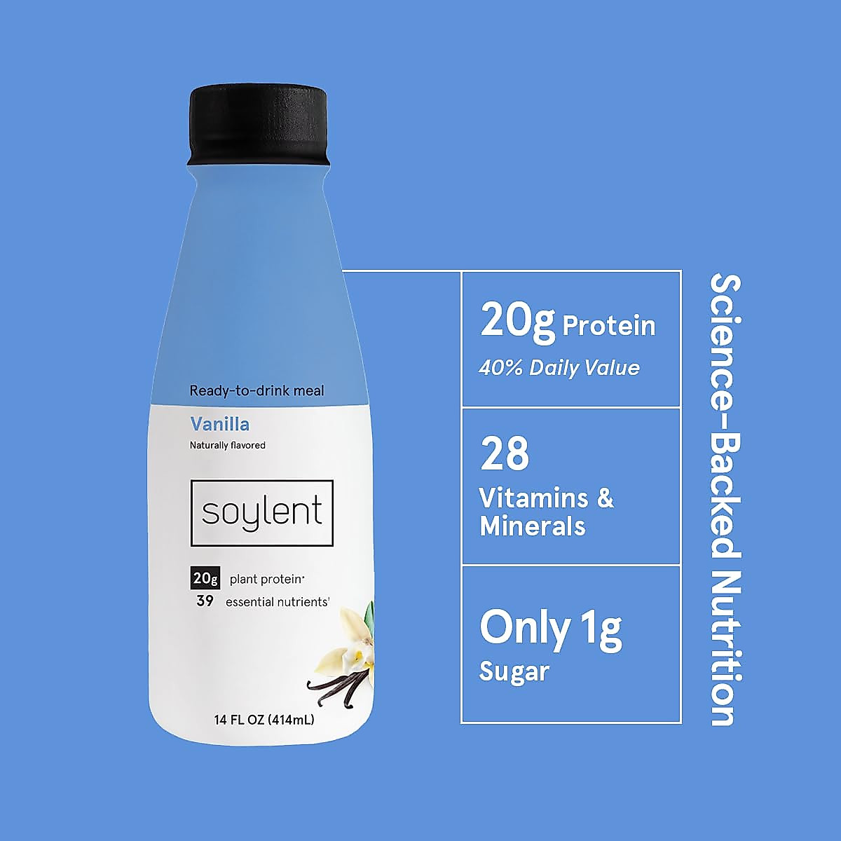 Soylent Vanilla Meal Replacement Shake, Ready-to-Drink Plant Based Protein Drink, Contains 20g Complete Vegan Protein and 1g Sugar, 14oz, 12 Pack